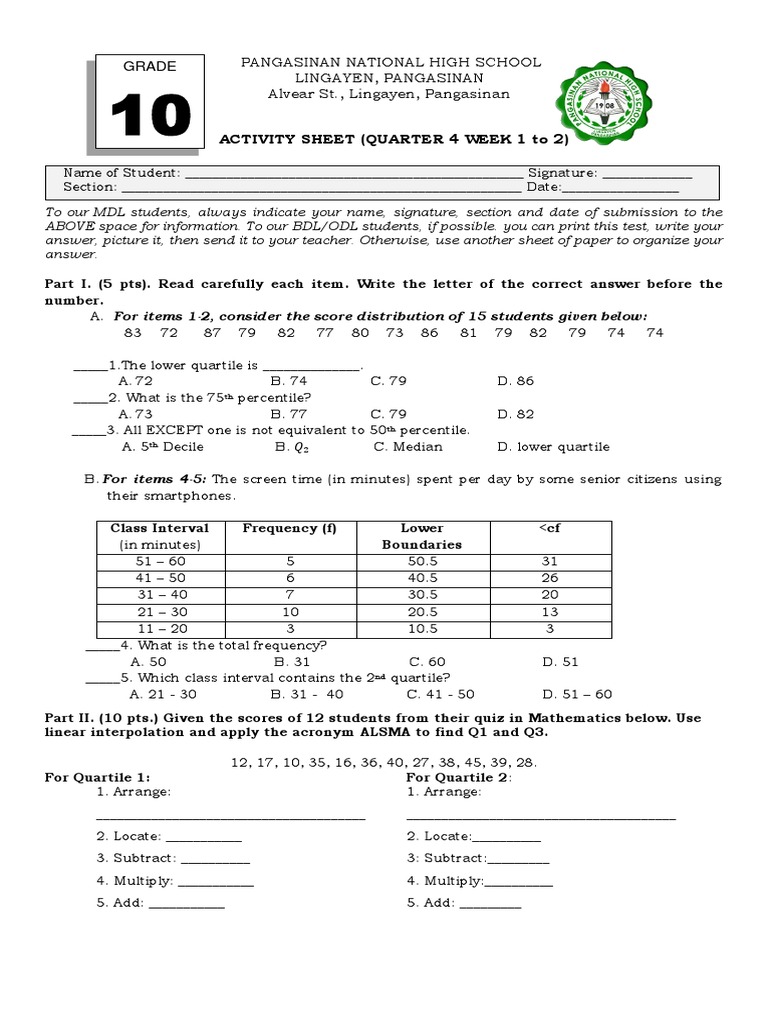 Math 10 Q4 Week 1 To 2 Activity Sheet | PDF | Percentile | Test ...