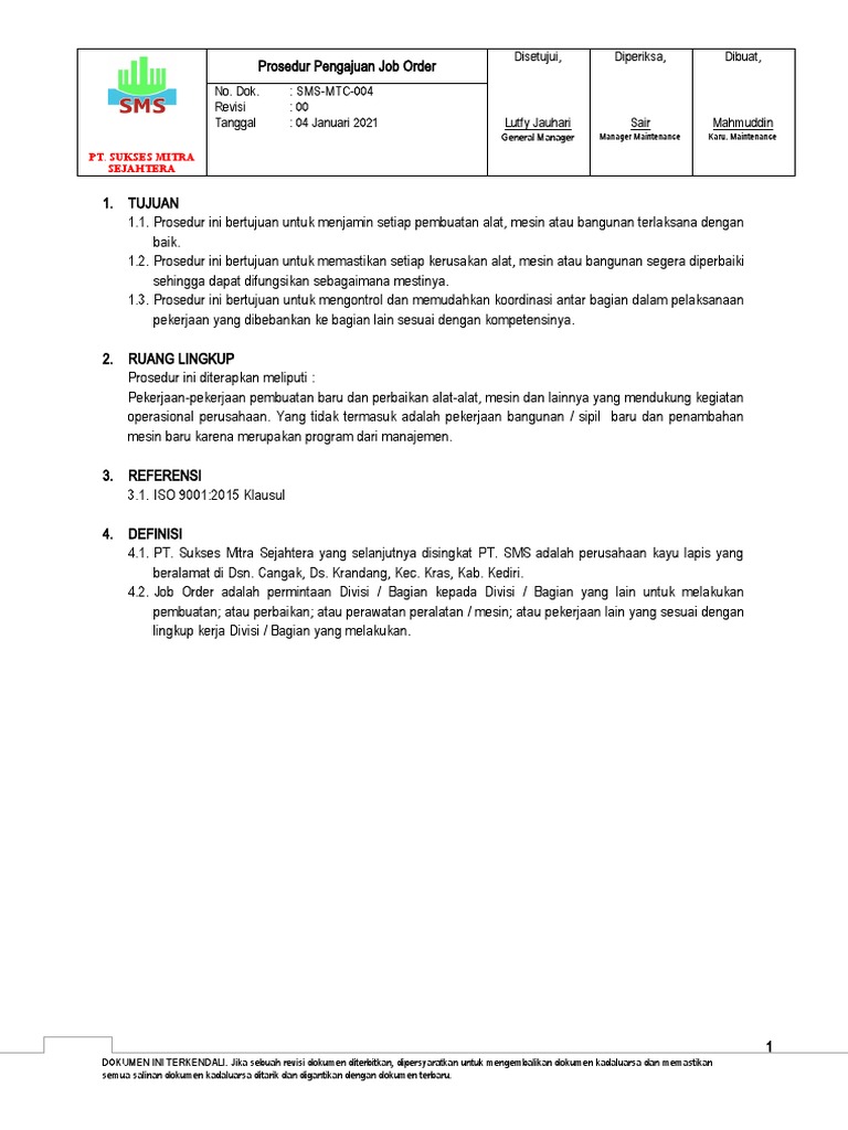 SMS-MTC-004 Prosedur Pengajuan Job Order | PDF