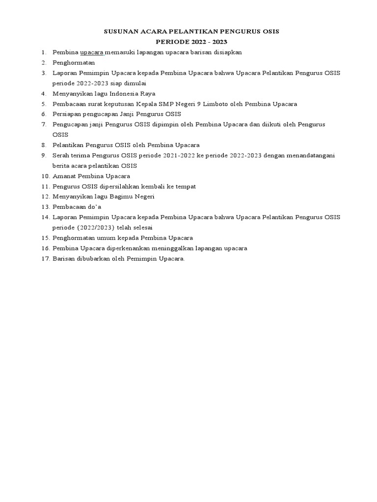 Susunan Acara Pelantikan Pengurus Osis | PDF