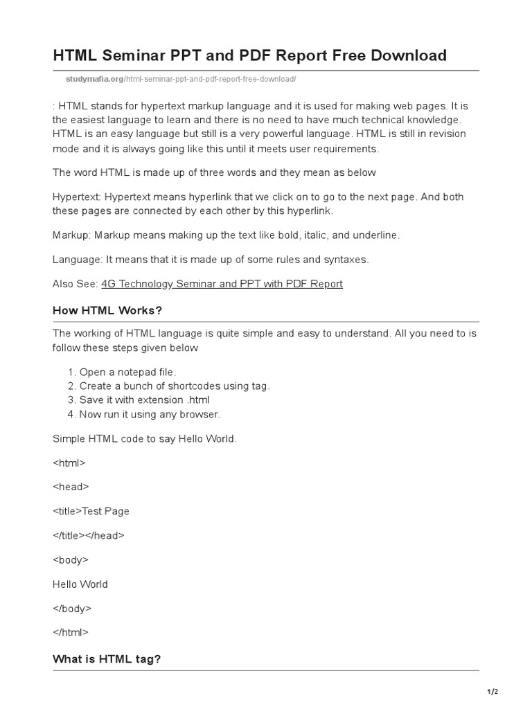 HTML Seminar PPT and PDF Report | PDF | Html | World Wide Web