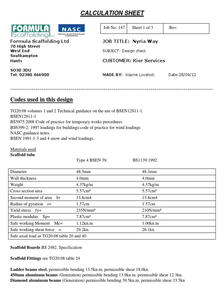 CALCULATION SHEET Formula Scaffolding LT | PDF | Bending | Scaffolding