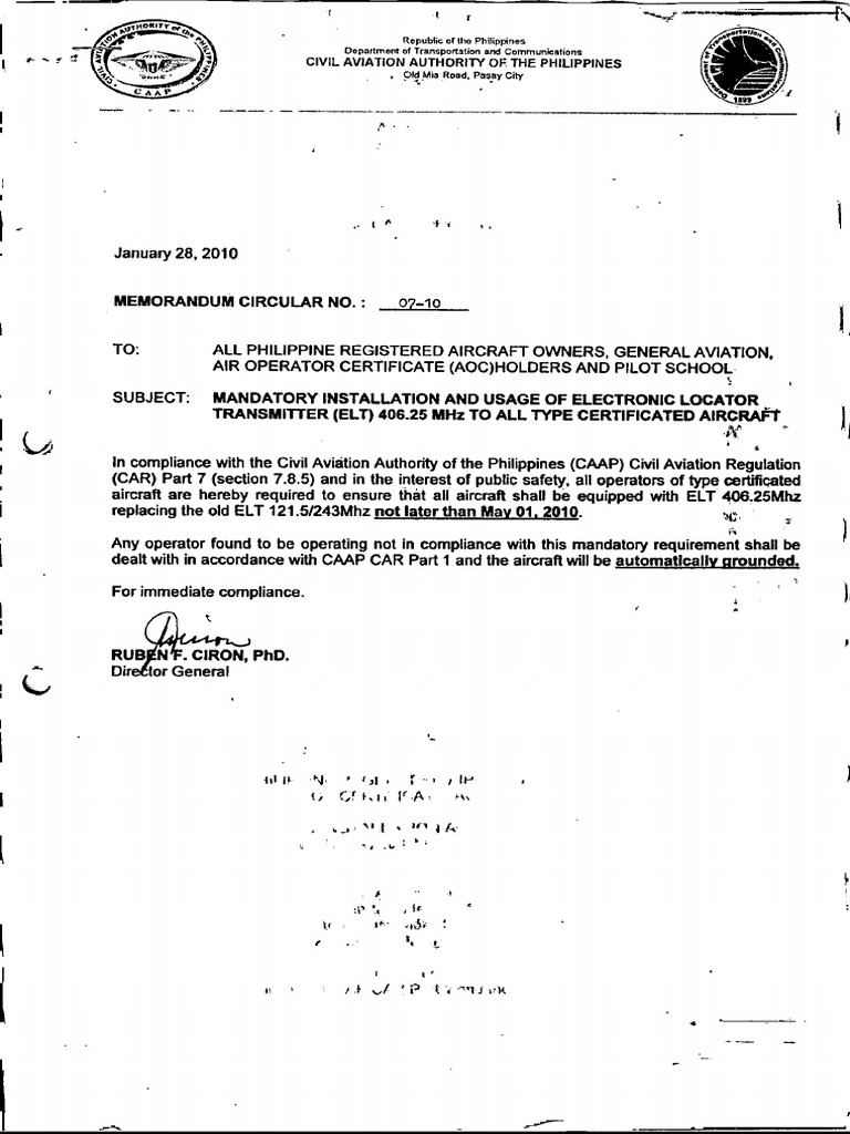 MC 07-10 Mandatory Installation and Usage of ELT 406.25 MHZ To All Type of Certificated Aircraft ...