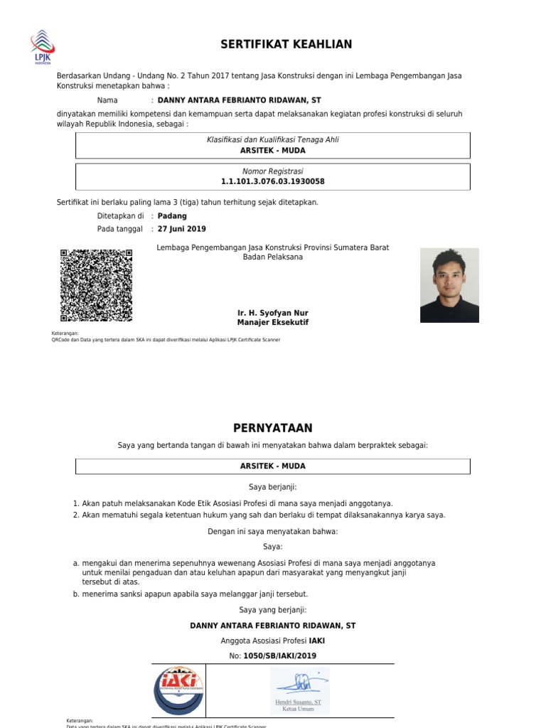 Sertifikat Keahlian: Nama: Danny Antara Febrianto Ridawan, ST | PDF
