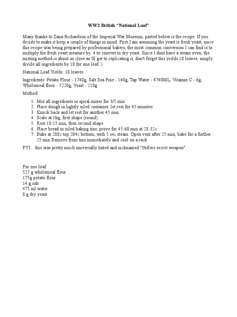 WW2 British National Loaf Recipe | PDF | Baker's Yeast | Breads
