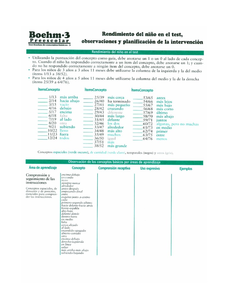 Rendimiento del Niño Test (BOEHM-3) (Preescolar) | PDF