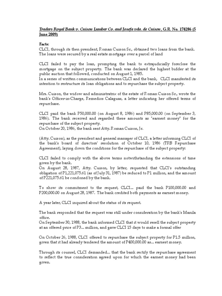 Traders Royal Bank v. Cuison Lumber Co. and Josefa Vda. de Cuison | PDF ...