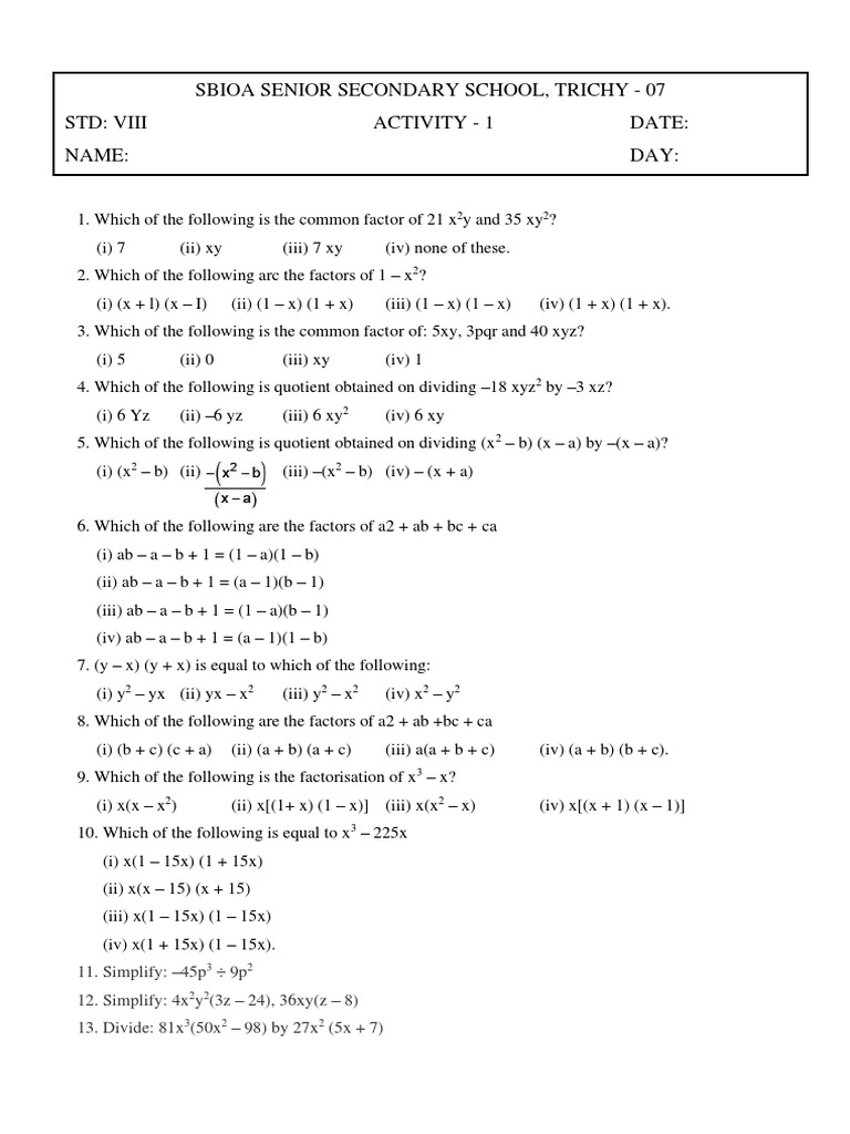 8th Standard Maths activity sample1 | PDF | Elementary Mathematics ...