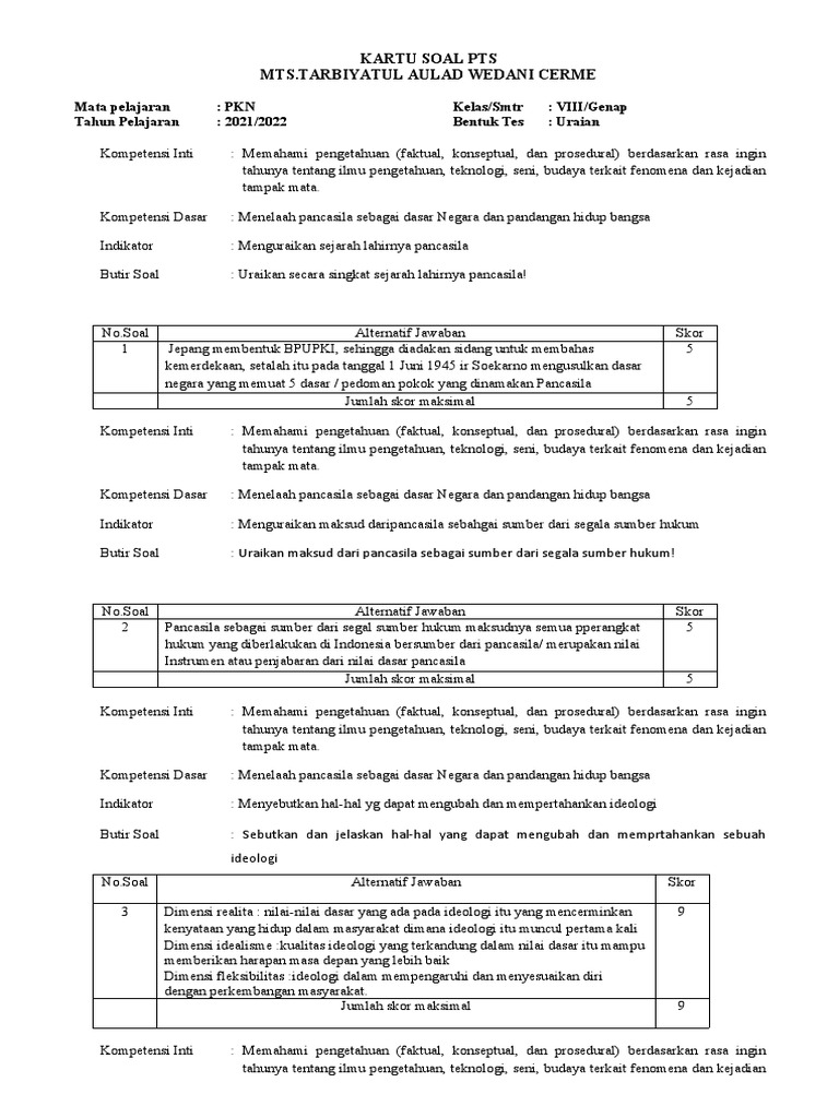 Kartu Soal PKN 8 | PDF