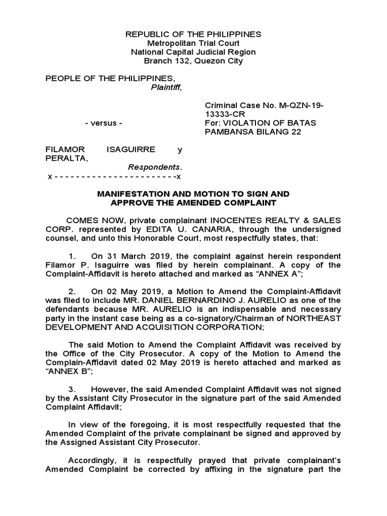 Manifestation To Sign Amended Complaint (MeTC 132) | PDF | Complaint | Plaintiff