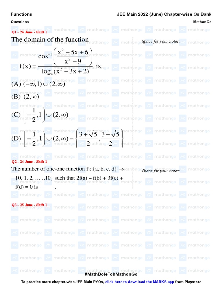 Functions - JEE Main 2022 Chapter Wise Questions by MathonGo | PDF