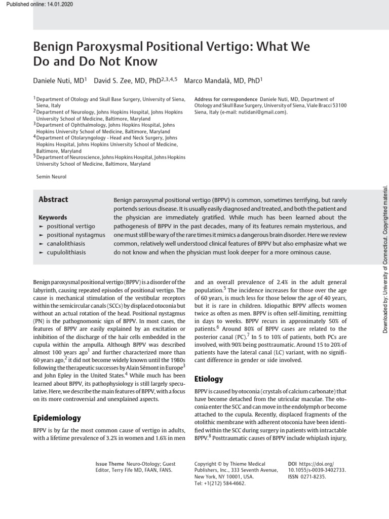 Benign Paroxysmal Positional Vertigo | PDF | Vertigo | Clinical Medicine