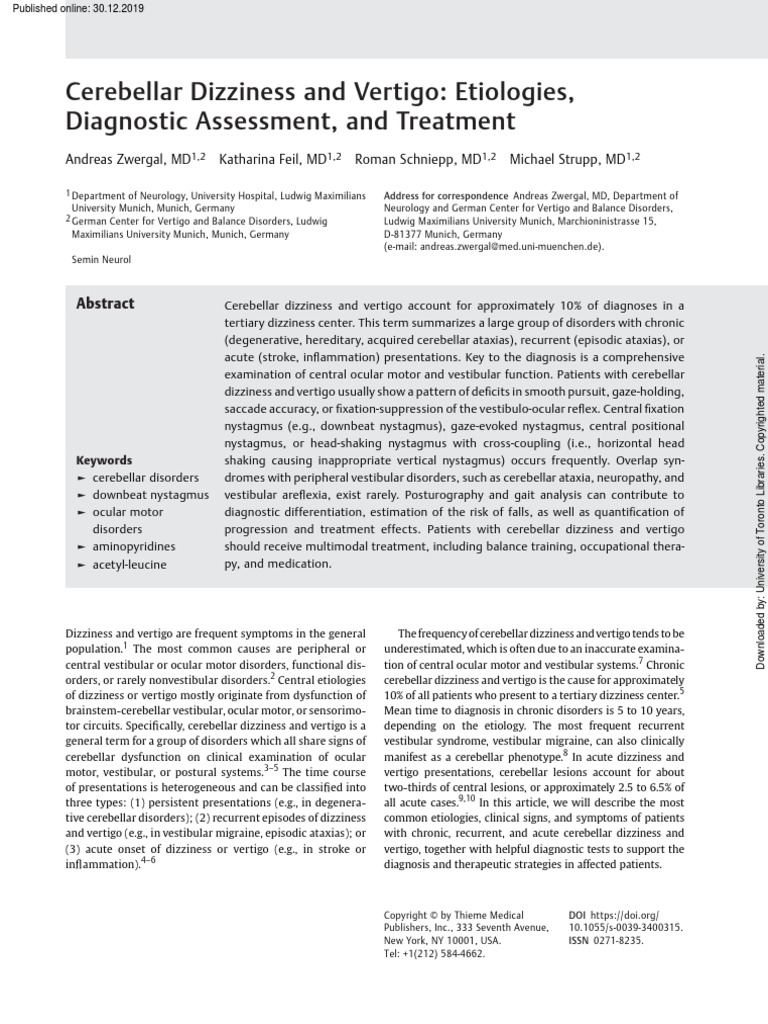 Cerebellar Dizziness and Vertigo - Etiologies, Diagnostic and Tratment | PDF | Vertigo | Cerebellum