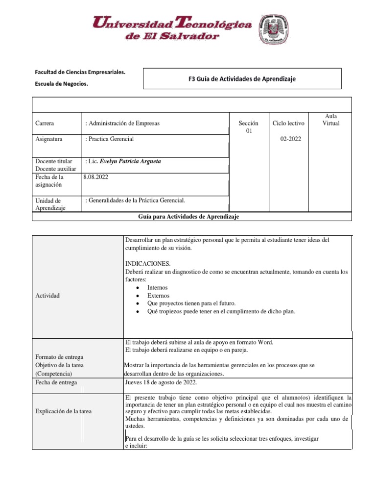 F3 Guia de Trabajo No.1 - PRACTICA GERENCIAL - Licda Evelyn Argueta | PDF | Salón de clases ...