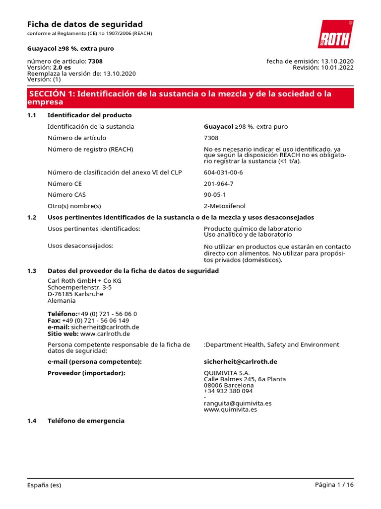 GUAYACOL | PDF | Agua | Toxicidad