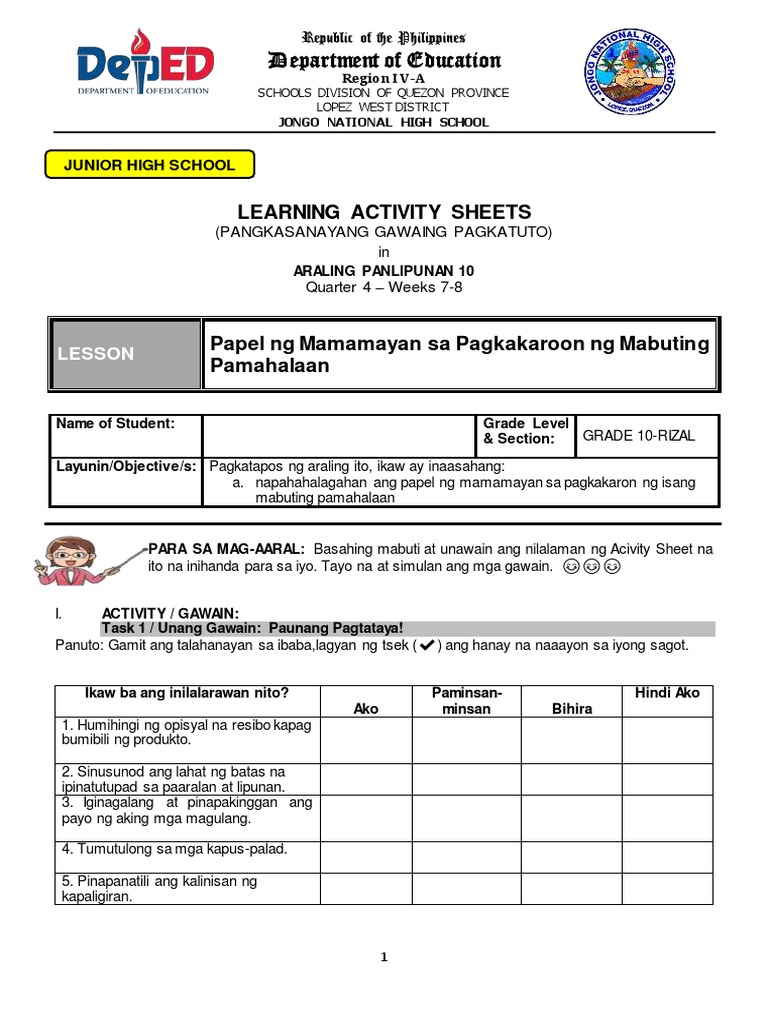 Learning Activity Sheets Q4 W7-8 | PDF