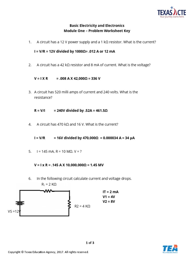 Basic Electricity Problem Worksheet Key | PDF | Electrical Network ...