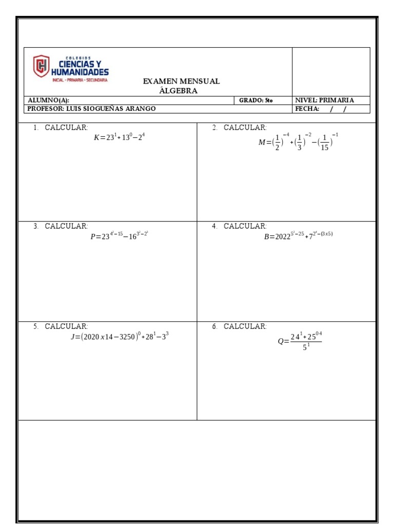 Prueba Mensual Algebra 5to Grado | PDF | Métodos y materiales de enseñanza
