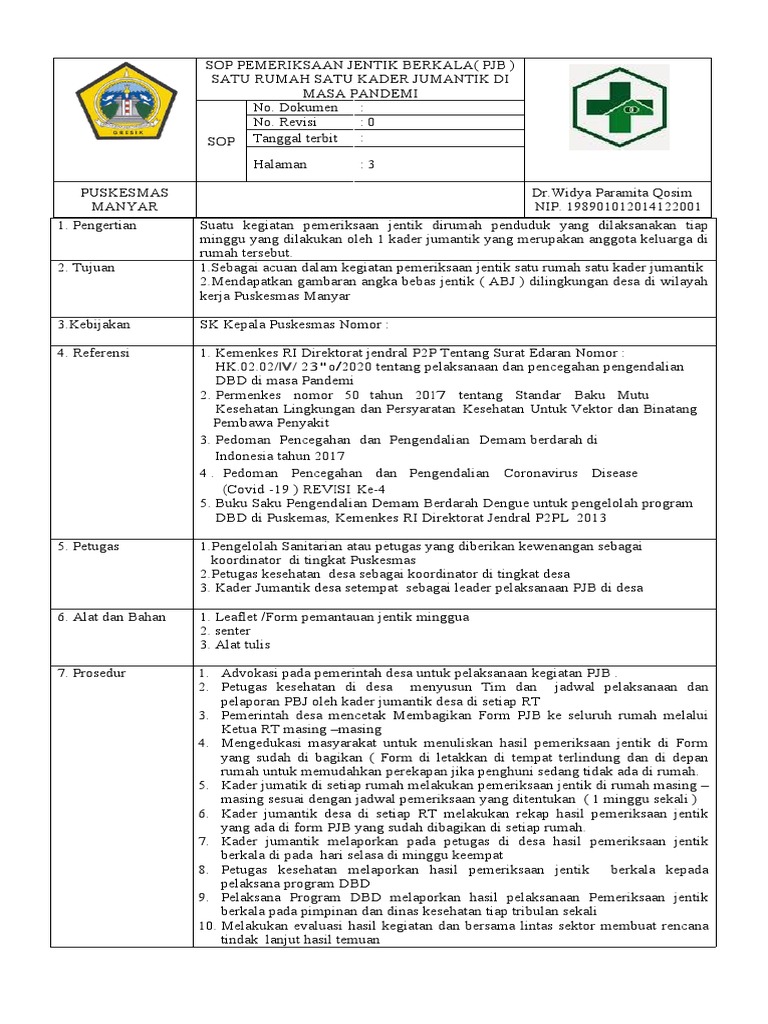 SOP Pemeriksaan Jentik Berkala DBD | PDF