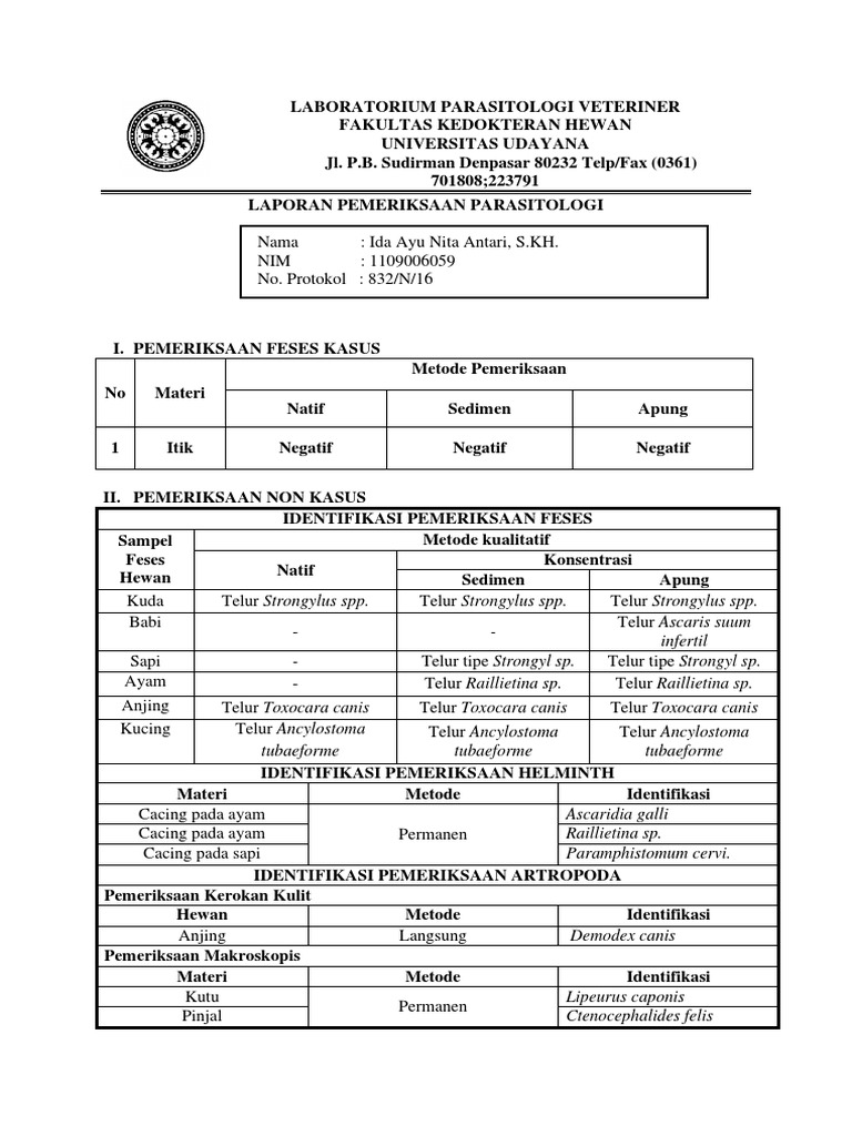 Contoh Laporan Parasit Nita - Kedokteran Hewan | PDF