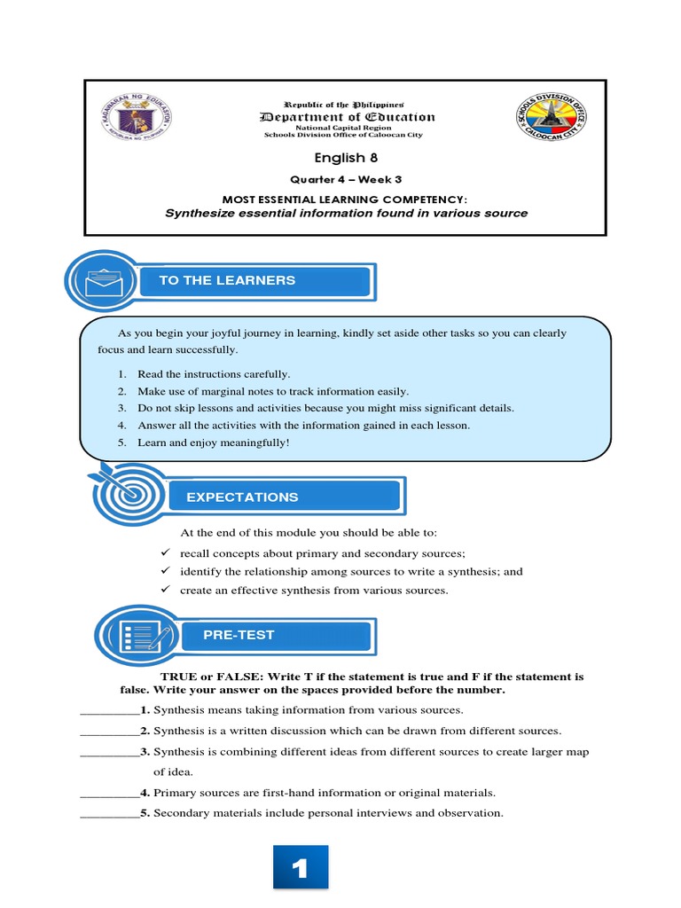 English 8: To The Learners | PDF | Learning | Primary Sources