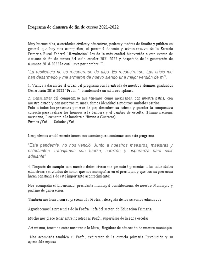 Programa de Clausura de Fin de Cursos 2021-2022 | PDF | Maestros