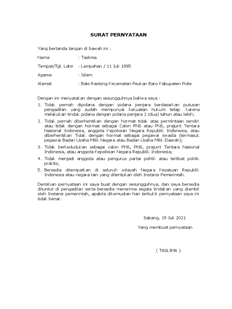 Surat Pernyataan Calon PNS | PDF