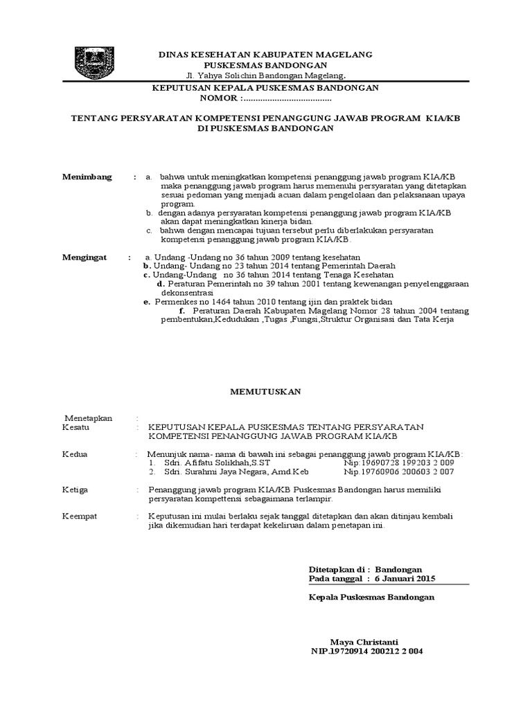 Persyaratan Kompetensi Penanggung Jawab Program KIA/KB di Puskesmas Bandongan | PDF