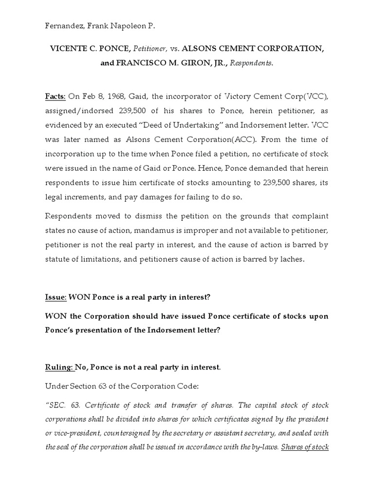 Ponce vs. Alsons Cement: Stock Certificate Dispute | PDF | Corporations ...