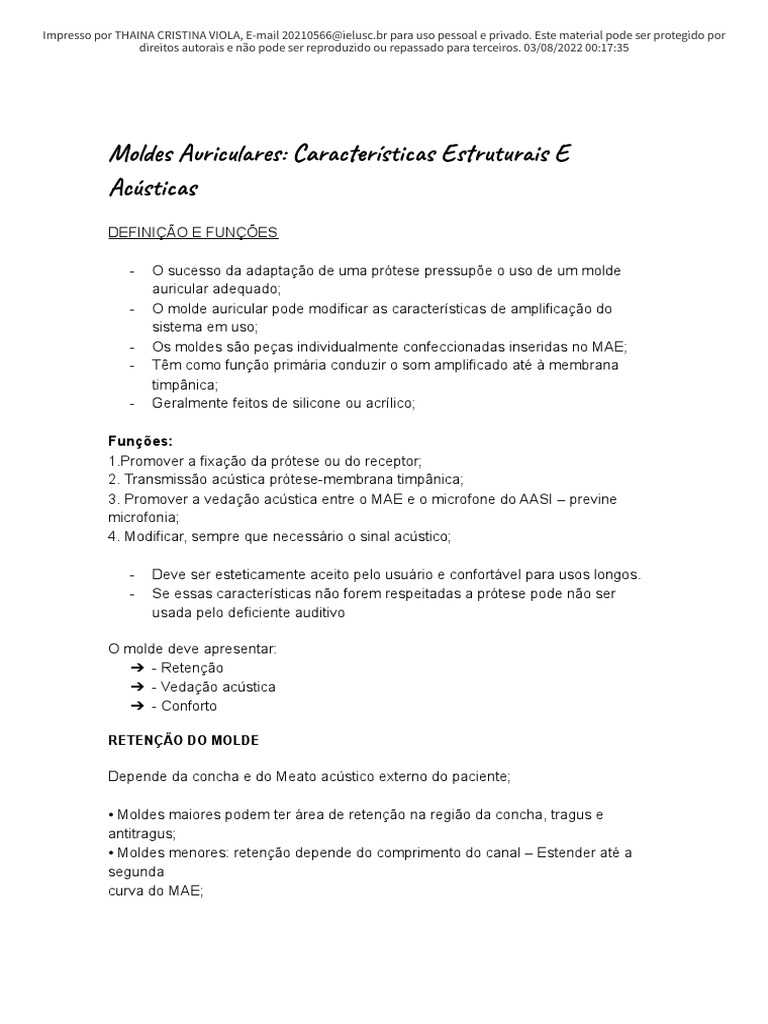 Tipos e Funções de Moldes Auriculares | PDF | Orelha | Audição