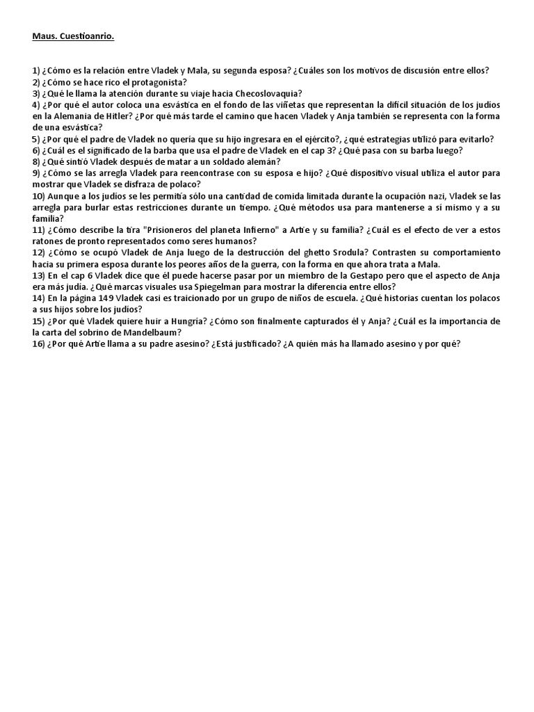 Maus Cuestionario 1era Parte 2022 | PDF