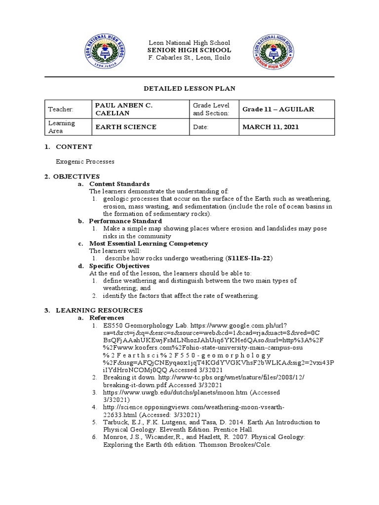 Detailed Lesson Plan on Weathering | PDF | Weathering | Geology