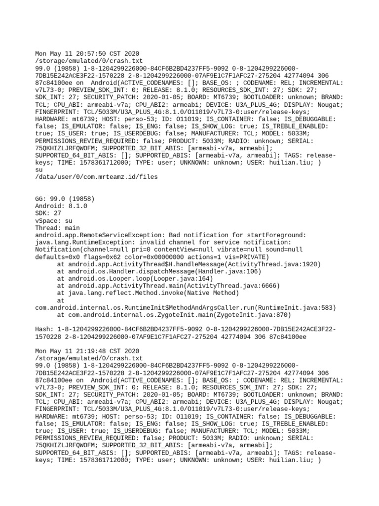 Android Device Crash Log Capturing Remoteserviceexception Pdf Android Operating System