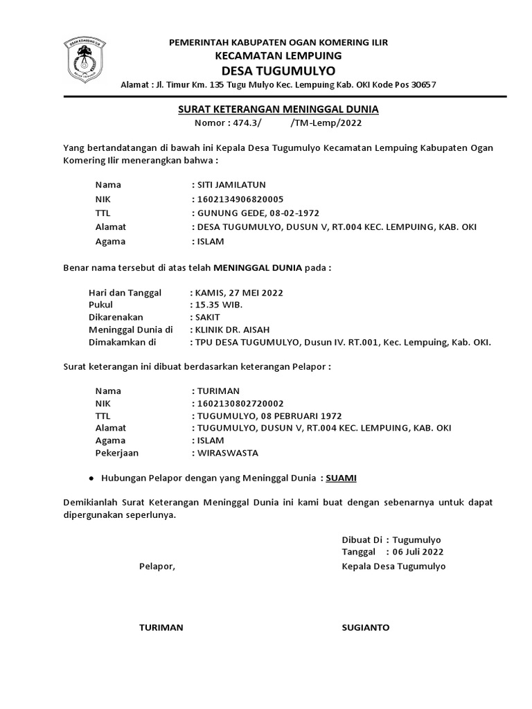 Surat Keterangan Meninggal Dunia | PDF