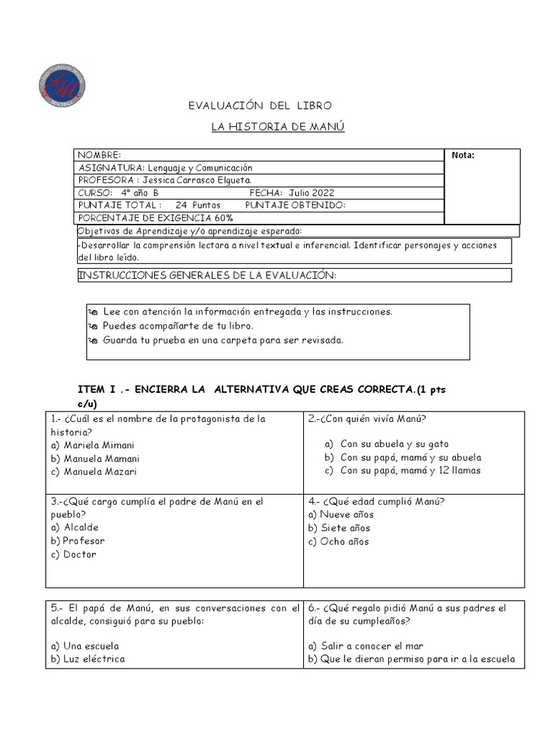 EVALUACIÓN DEL LIBRO LA HISTORIA DE MANU | PDF