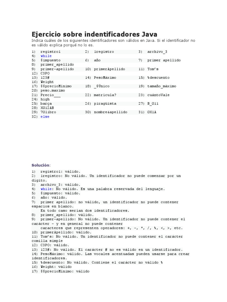 2 Ejercicio Sobre Indentificadores Java | PDF