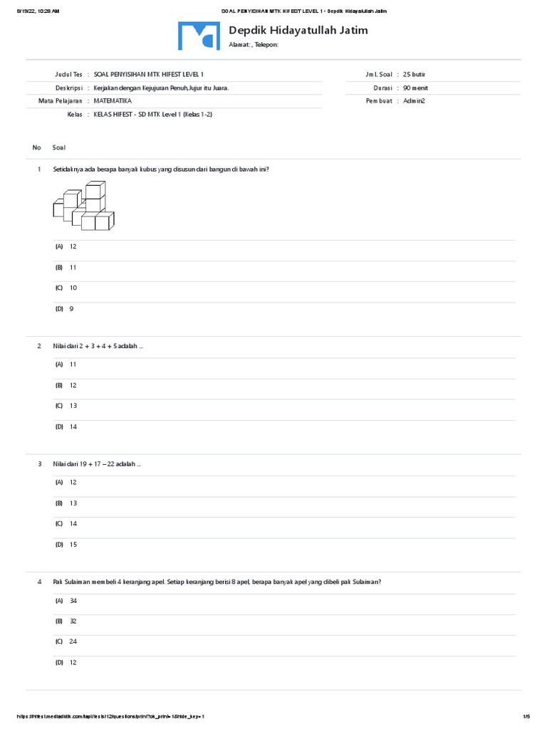 2021 Soal Penyisihan MTK Hifest Level 1 (Kelas 1-2) | PDF