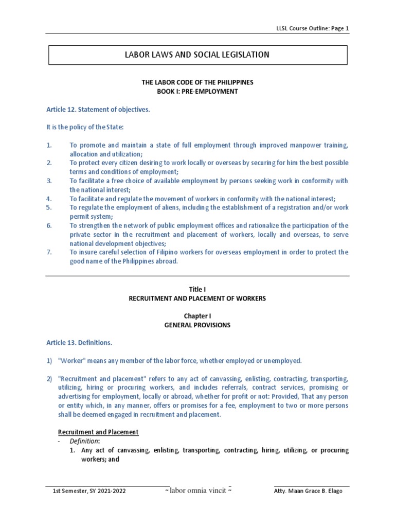 LLSL Course Outline: Labor Laws and Social Legislation | PDF ...