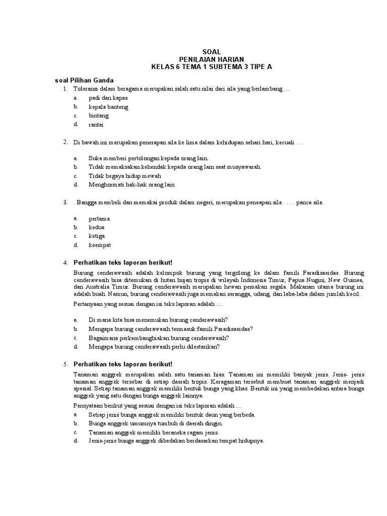 PENILAIAN HARIAN KELAS 6 TEMA 1 SUBTEMA 3 | PDF