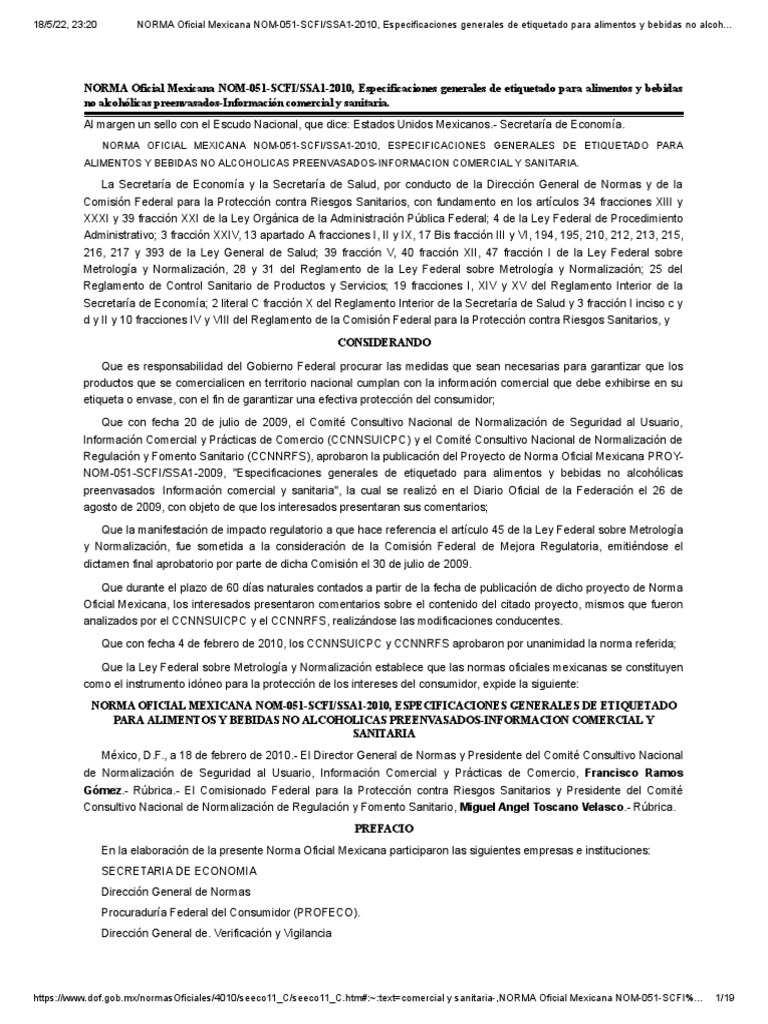 NORMA Oficial Mexicana NOM-051-SCFI - SSA1-2010 | PDF | Alimentos ...