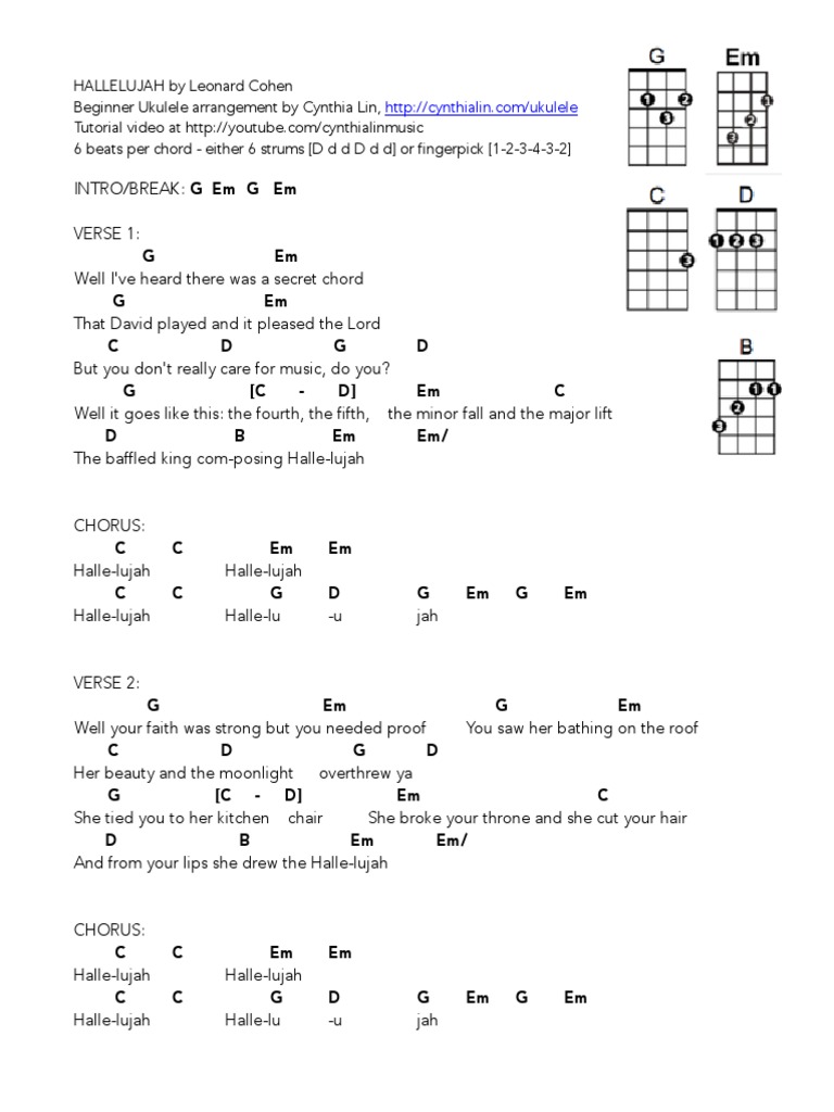 HALLELUJAH in Key of G - Ukulele Chord Chart | PDF | Song Structure ...
