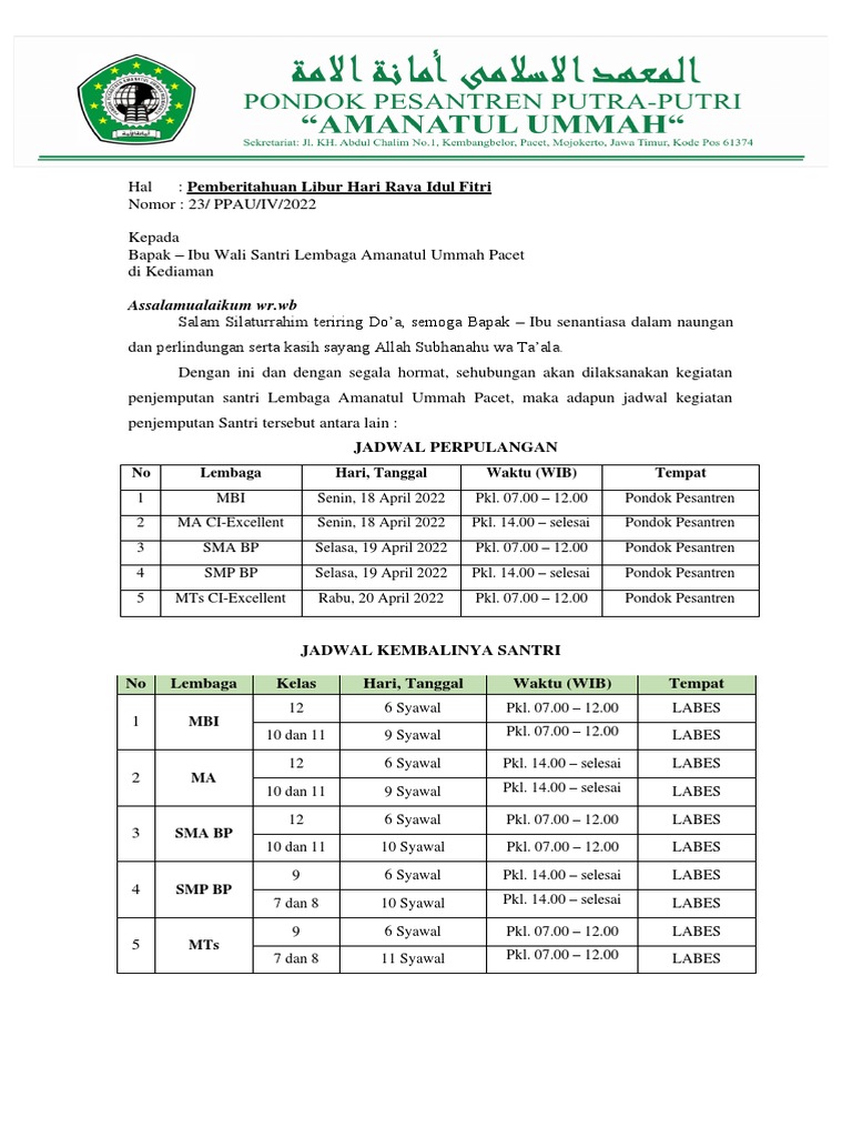 Surat Pemberitahuan Libur Idul Fitri-MA3 | PDF