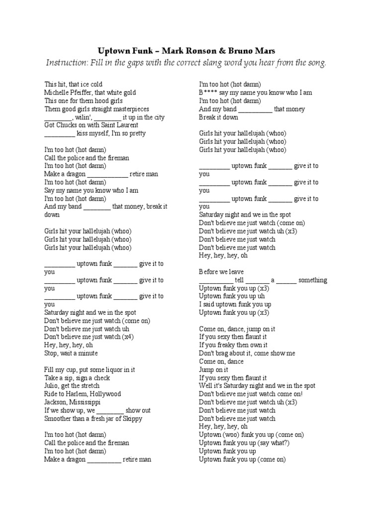 Uptown Funk - Worksheet Slang Words | PDF | Songs Written | American ...
