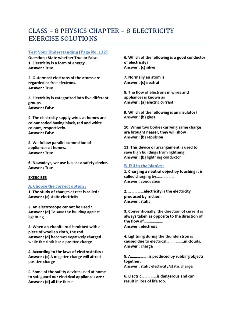 Class - 8 Physics Chapter - 8 Electricity Exercise Solutions | PDF | Electric Charge | Electricity