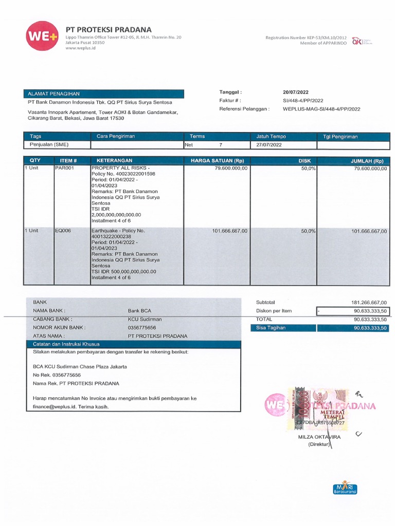 Invoice SI448-4PP2022 - PT Bank Danamon Indonesia, Tbk. QQ PT Sirius Surya Sentosa (Installment ...
