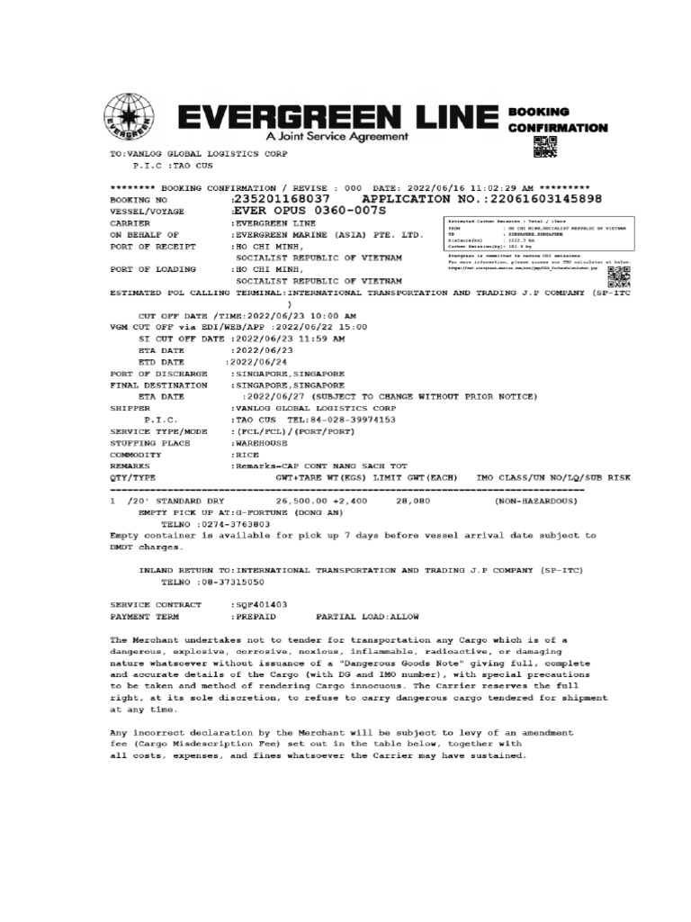 Booking Confirmation Evergreenline | PDF