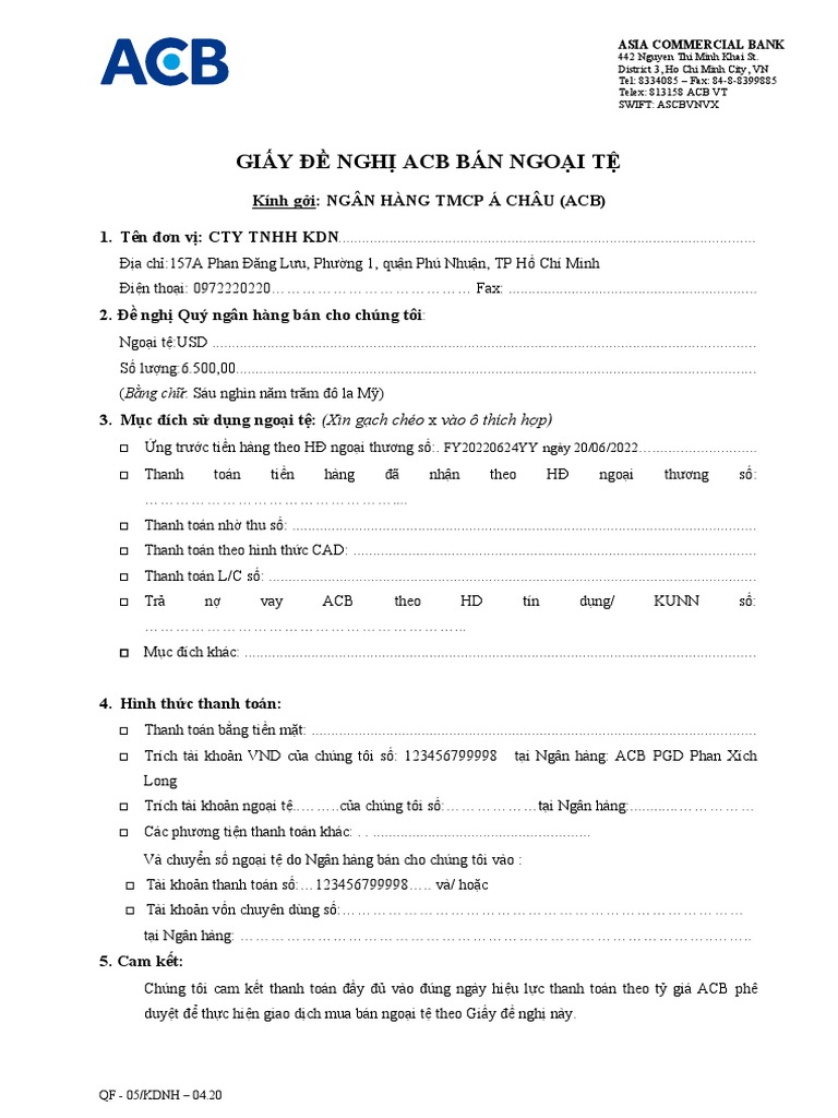 QF - 05 KDNH - Giay de Nghi ACB Ban Ngoai Te | PDF