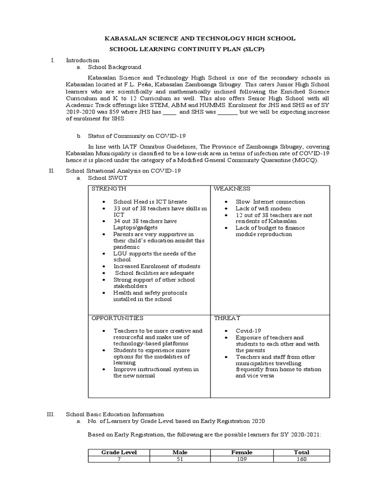 KSTHS Learning Continuity Plan SY 2020-2021 | PDF | Schools | Hygiene