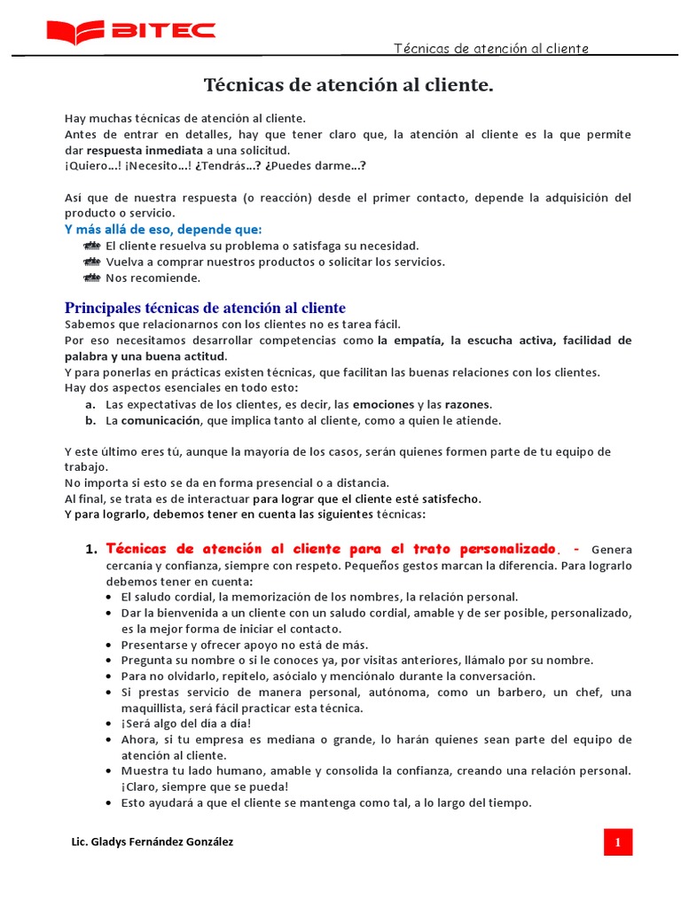 Técnicas de Atención Al Cliente | PDF | Servicio al Cliente | Cliente