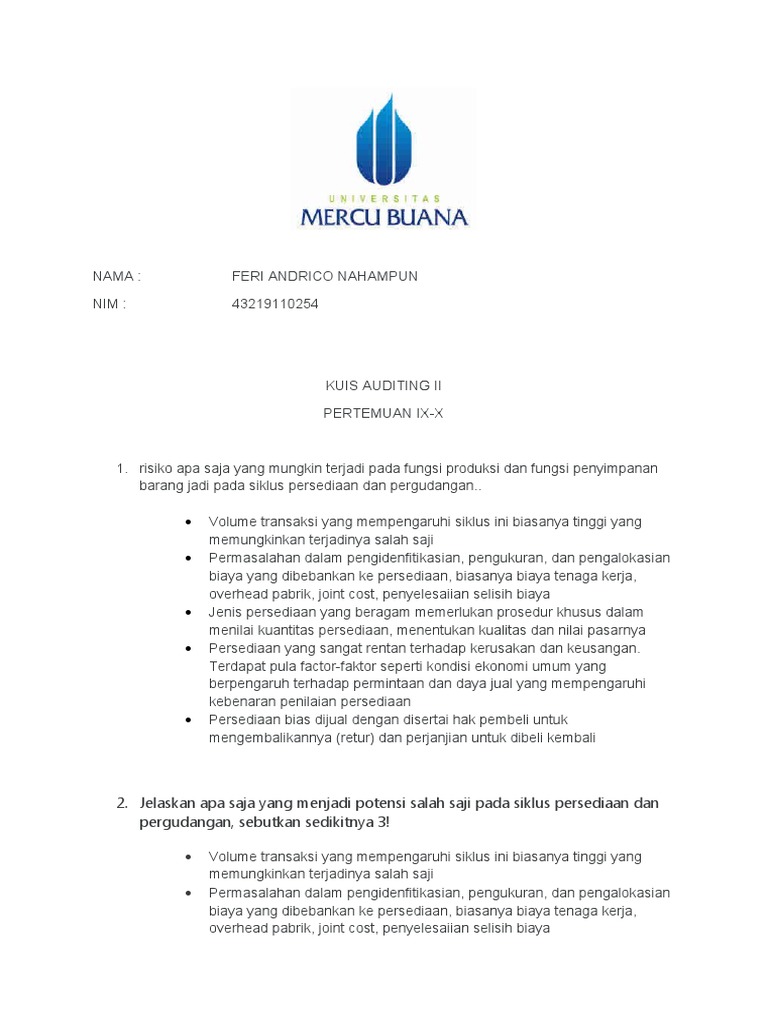 Kuis I-X Audit 2 Feri Andrico Nahampun 43219110254 | PDF