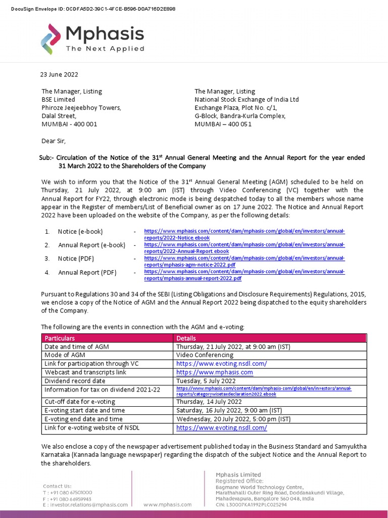 Mphasis :: AIR 2021-22 | PDF | Dividend | Login